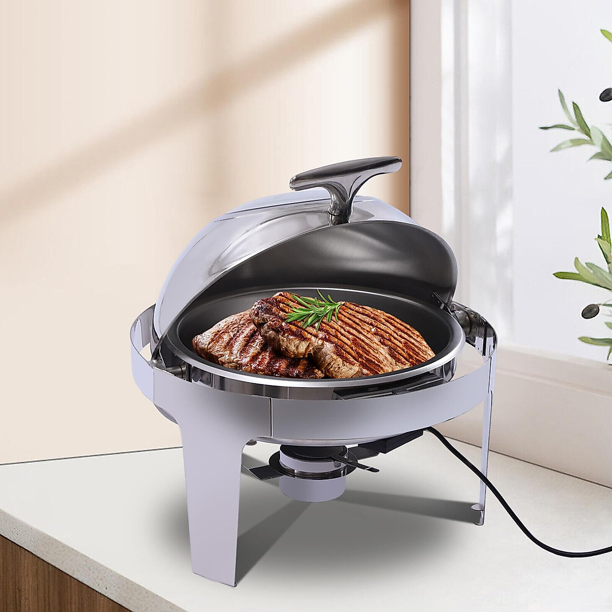 6.3QT Round Chafing Dish Buffet Set, Stainless Steel Food Warmer with 2 Pots