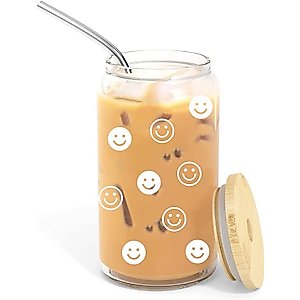 Smiley Face Glass Cups with Lids and Straws- Tumbler with Lid and Straw- 16 oz Iced Coffee Cup w/Bamboo Lid Stainless Streel Straw- Beer Can Shaped Drinking Glasses- Cute Cups- Gift for Women