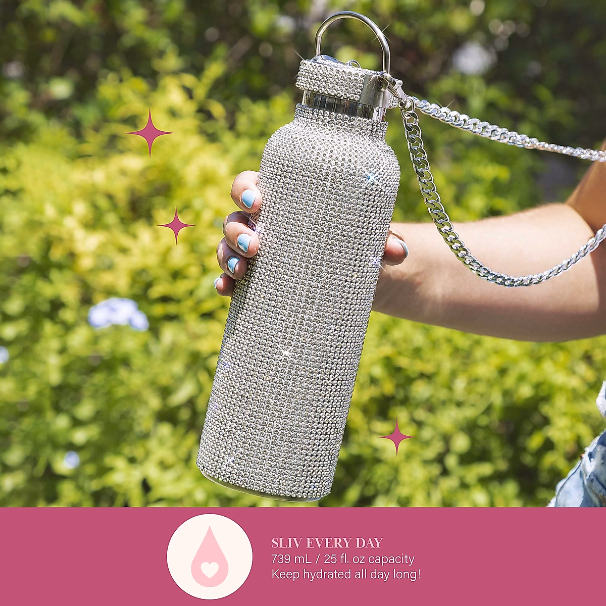 Paris Hilton Diamond Bling Water Bottle With Lid And Removable Carrying Strap, Stainless Steel Vacuum Insulated, Bedazzled With Over 5000 Rhinestones, 25-Ounce, Silver