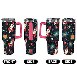 Cartoon Rockets 40 Oz Car Cup Stainless Steel Travel Mug Leak-Proof Insulated Tumbler with Handle Light Rose Red-style