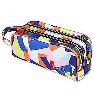 JEMIA Dual Compartments Collection 2 Independent Zipper Chambers with Mesh Pockets and Handle Strap Pencil Case (Geometric, Polyester)