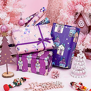 WRAPAHOLIC Christmas Wrapping Paper Roll - Mini Roll - 3 Rolls - 17 Inch X 120 Inch Per Roll - Pink and Purple Nutcracker, House Holiday Collection with Metallic Foil Shine