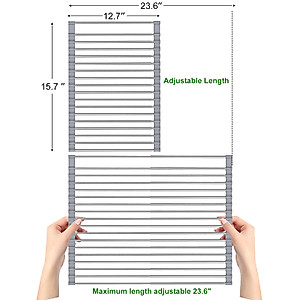 Liangmall Dish Drying Rack Expandable Up to 23.6", Roll Up Over The Sink Dish Drying Rack, Extra Large Stainless Steel Multipurpose Kitchen Sink Drainer - 23.6"(L) x 15.7"(W)