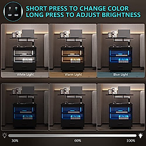 dnbss LED Nightstand with Charging Station & Sockets, Smart Bedside Table, Modern Night Stand for Bedroom, Large Side End Table, 360° Laptop Tray Workstation, Drawer, Open Shelf, Wheel (Black)