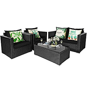 HAPPYGRILL 4 Pieces Patio Conversation Set Outdoor Rattan Furniture Set with Tempered Glass Tabletop & Removable Cushions Sectional Wicker Sofa Set for Garden Backyard Poolside