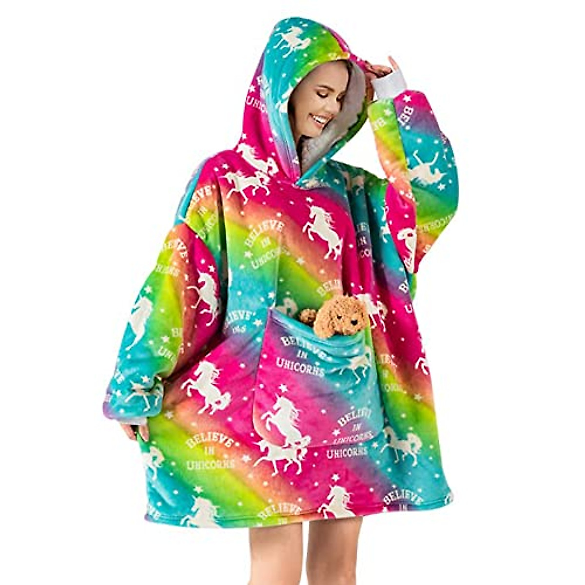 Queenshin Rainbow Unicorn Oversized Hoodie Wearable Blanket for Womens Teens Girls, Kawaii Adults Comfy Sherpa Hoody Sweatshirt with Pockets, One Size for All
