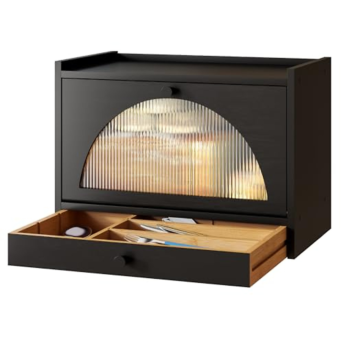 kiplant Black Bread Box for Kitchen Counter, Large Bamboo Bread Storage Container with Silverware Drawer, Bamboo Wooden Farmhouse Bread Box for Your House