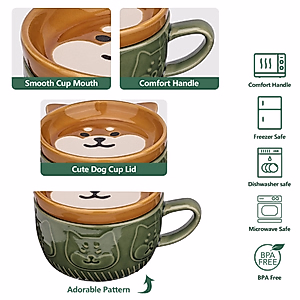 Cute Ceramic Dog Coffee Mug with Lid,Kawaii Coffee Mugs or Tea Cups for Dog Lovers,Funny Novelty Dog Breakfast Mugs for Women Wife Mum Girls Boys Friends Kids Christmas Birthday Gift,300ML（Green）