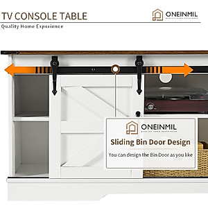 oneinmil 58 Inch Farmhouse TV Stand, Modern Rustic Entertainment Center with Sliding Barn Door and Storage Cabinets, Metal Media TV Console with Shelf for TVs up to 65 Inch in Living Room, White