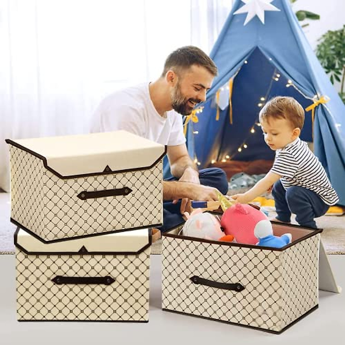 weallbuy Storage Boxes with Lids, 4 Foldable Storage Bins, Organizer Bins Set for Clothes Toys Books Cosmetics Sundries (Moring Glory)