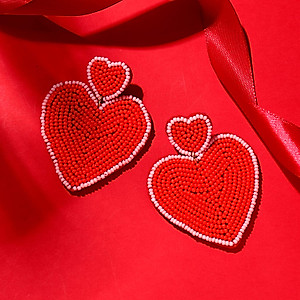 Heart Earrings for Women Hypoallergenic Beaded Statement Dangle Earrings Boho Handmade Red Love Heart Bead Drop Dangling Earrings Valentine’s Day Earrings Jewelry Gift