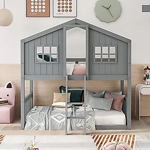 Harper & Bright Designs House Bunk Beds, Twin Over Twin Bunk Bed with Roof, Ladder and Windows, Floor Bunk Bed, Low Bunk Loft Bed for Kids Teens Boys & Girls, Gray