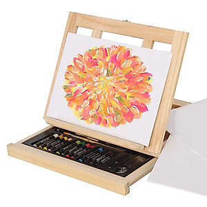 Mixed Media Art Set - 34 Piece, Easel Painting Kit with Wood Table Desk Top Easel Box Includes Acrylic Paints, 3 Canvas Boards, Pastels, Desktop Art Supplies Gift for Beginner Artists, Kids, Adults