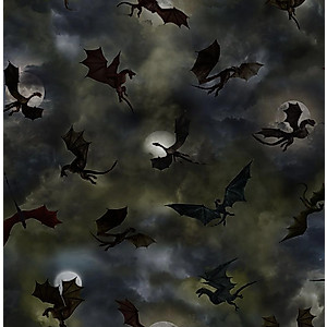 Dragon's Lair by Timeless Treasures Multicolor Dragon Silhouettes and Moons Cotton Fabric by The Yard, CD2494-GREY