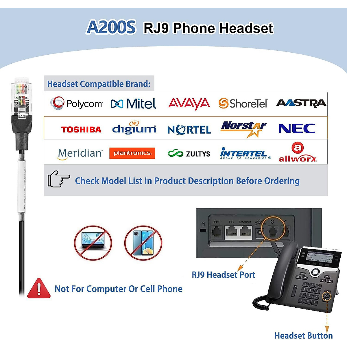 Arama Polycom Phone Headset with Microphone Noise Cancelling Mono Corded Office VoIP Headset with Mute Button Telephone Headset for ShoreTel 230 NEC Allworx Polycom VVX401 VVX411 (Mono-2)