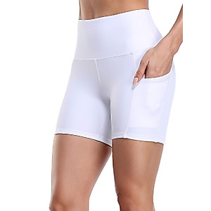 Oalka Women's Short Yoga Side Pockets High Waist Workout Running Shorts 4" Pure White Size S