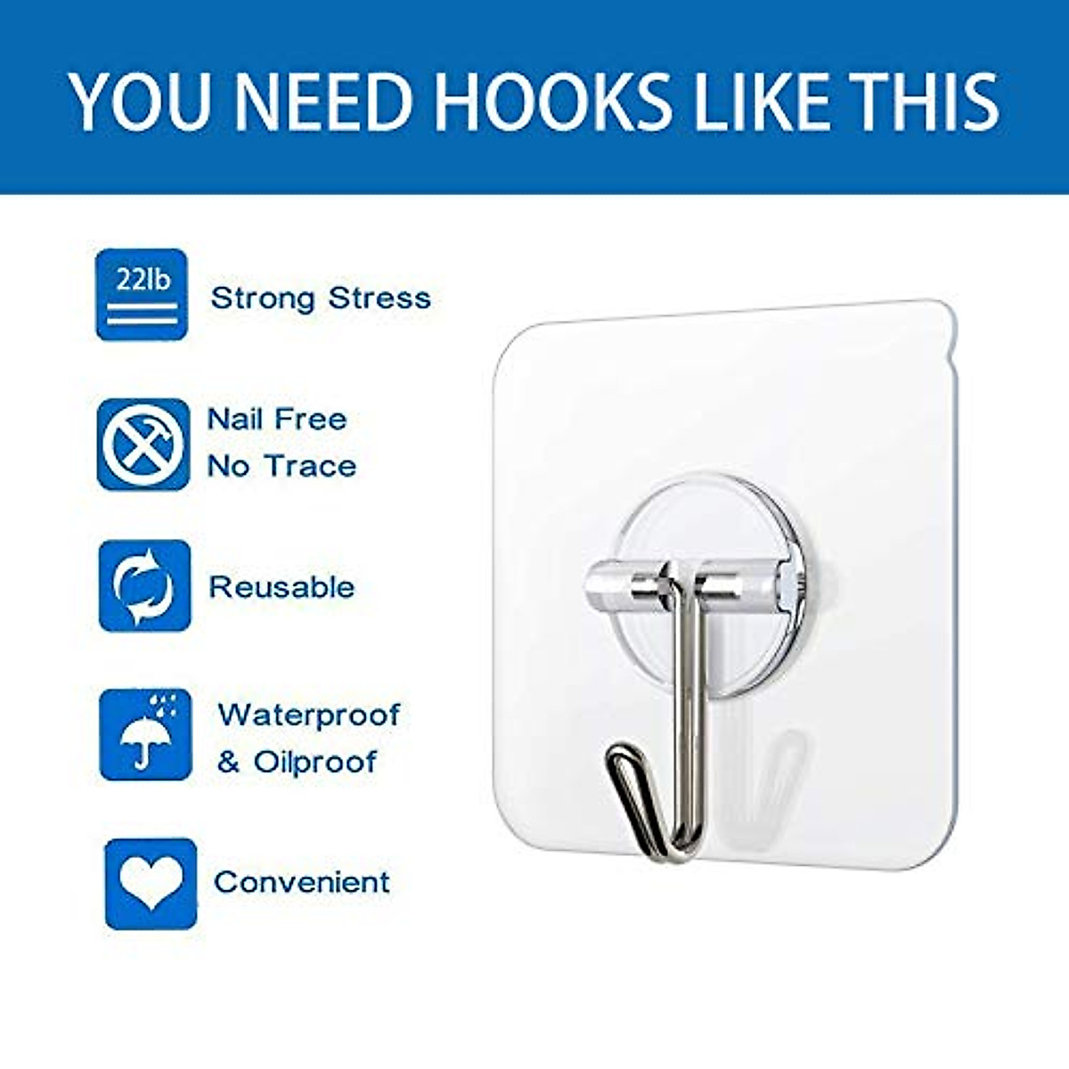 COLOGO Adhesive Hooks 20 Pack 22lb(Max) Adhesive Wall Hooks, Heavy Duty Self Adhesive Hooks for Kitchens, Bathroom, Office
