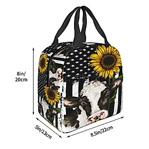 HUZEIMINniu American Flag Lunch Bag Sunflower Cow Lunch Bag Tote Bag Portable Insulated Reusable Lunch Box For Office Work Camping Travel Picnic Beach Fishing For Adult