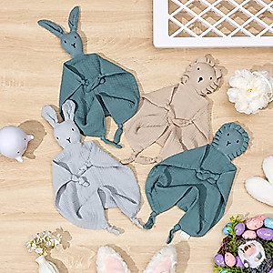 Tudomro 4 Pcs Organic Cotton Muslin Lovey Blanket Muslin Loveys for Babies, Bunny Lion Soft Breathable Security Blanket Lovies for Babies, Baby Gifts for Boys Girls (Gray, Khaki, Dark Green, Teal)