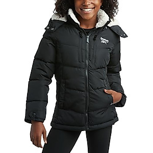 Reebok Girls Winter Jacket - Heavyweight Quilted Puffer Parka Coat - Weather Resistant Ski Jacket for Girls (4-12), Size 14-16, Black