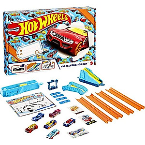 Hot Wheels HW Celebration Box Complete Starter Set with 6 1:64 Scale Cars, Track, Connectors, 4-Speed Launcher, Ramps, Activity Page & Stickers, Gift for Kids 4 Years Old & Up