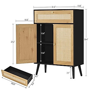 Iwell Storage Cabinet with Adjustable Shelf, Rattan Cabinet with Large Drawer, Accent Cabinet for Dining Room, Entryway, Living Room, Black