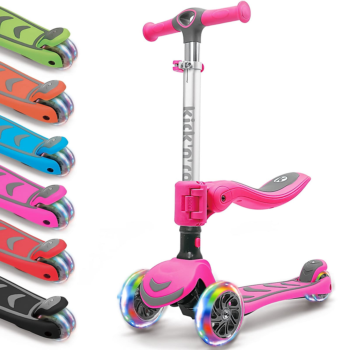 Kicknroll 3 Wheel Scooter for Kids Ages 3-5, Extra-Wide Deck Lean to Steer Foldable Toddler Scooter with Seat, 3 LED Light Wheels & 4 Adjustable Height, 110 Lbs Capacity- Pink 2 in 1 Kids Scooter