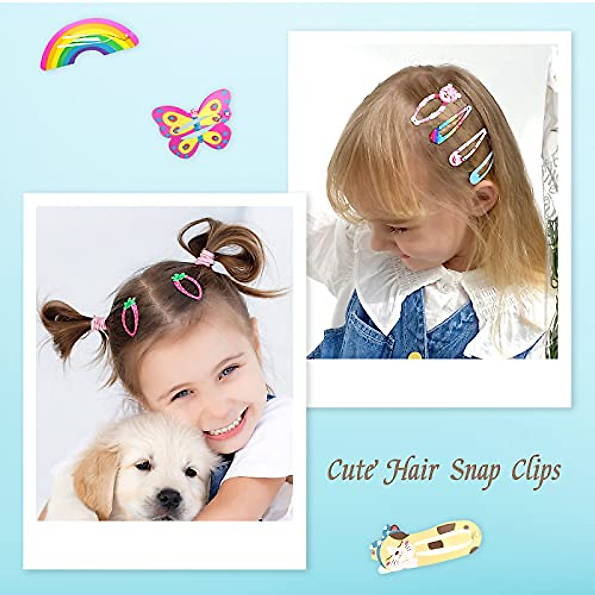 Hair Clips for Girls, Funtopia 100 Pcs Cute Snap Hair Clips Barrettes for Women Teens Girls Kids, Colorful No Slips Metal Fruit Animal Hair Clips for Birthday Party