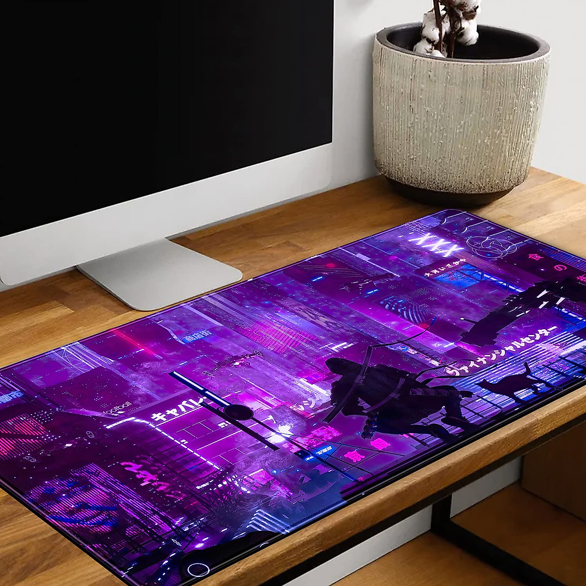 Anime Neon Mouse Pad Purple City Gaming Desk Big Cute Kawaii Pink Extended Mouse Pad Gaming,Office Keyboard Pc Laptop Mousepad Large 31.5x15.7 in-with Stitched Eges Non-Slip Base Mouse Pads Mat