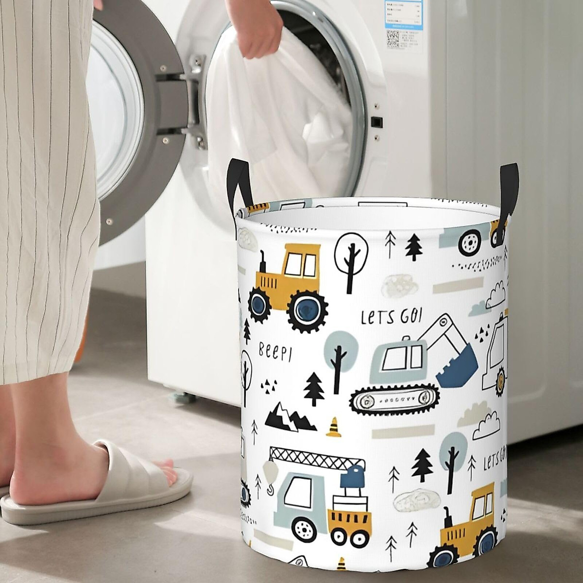 Lets Go Construction Vehicle Excavator Tractors Laundry Hamper with Durable Handle Waterproof Collapsible Laundry Basket Circular Dirty Clothes Storage Basket for Bathroom Bedroom College Dorm