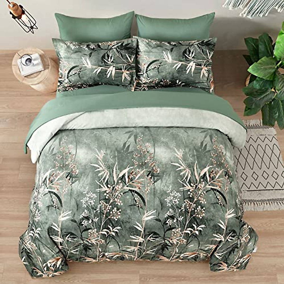 Dinjoy Botanical Comforter Set Queen 7 Pieces Bed in A Bag Dark Green Bamboo Leaves Comforter Set Soft Microfiber Queen Green Omber Comforter with Sheet (7 PCS Queen Comforter,Green)