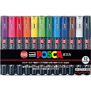 Uni-posca Paint Marker SPECIAL SET (a) , Mitsubishi Pencil, Poster Colour Marking Pens Extra Fine Point 12 Colours (PC-1M12C) , Gold and Silver