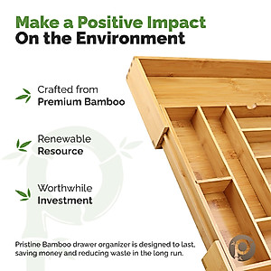 Pristine Bamboo Silverware Organizer - Expandable Kitchen Drawer Organizer - Adjustable Kitchen Drawer Organizer for Utensils, Expandable to 25 Inches Wide, 10 Compartments, Silverware Tray for Drawer