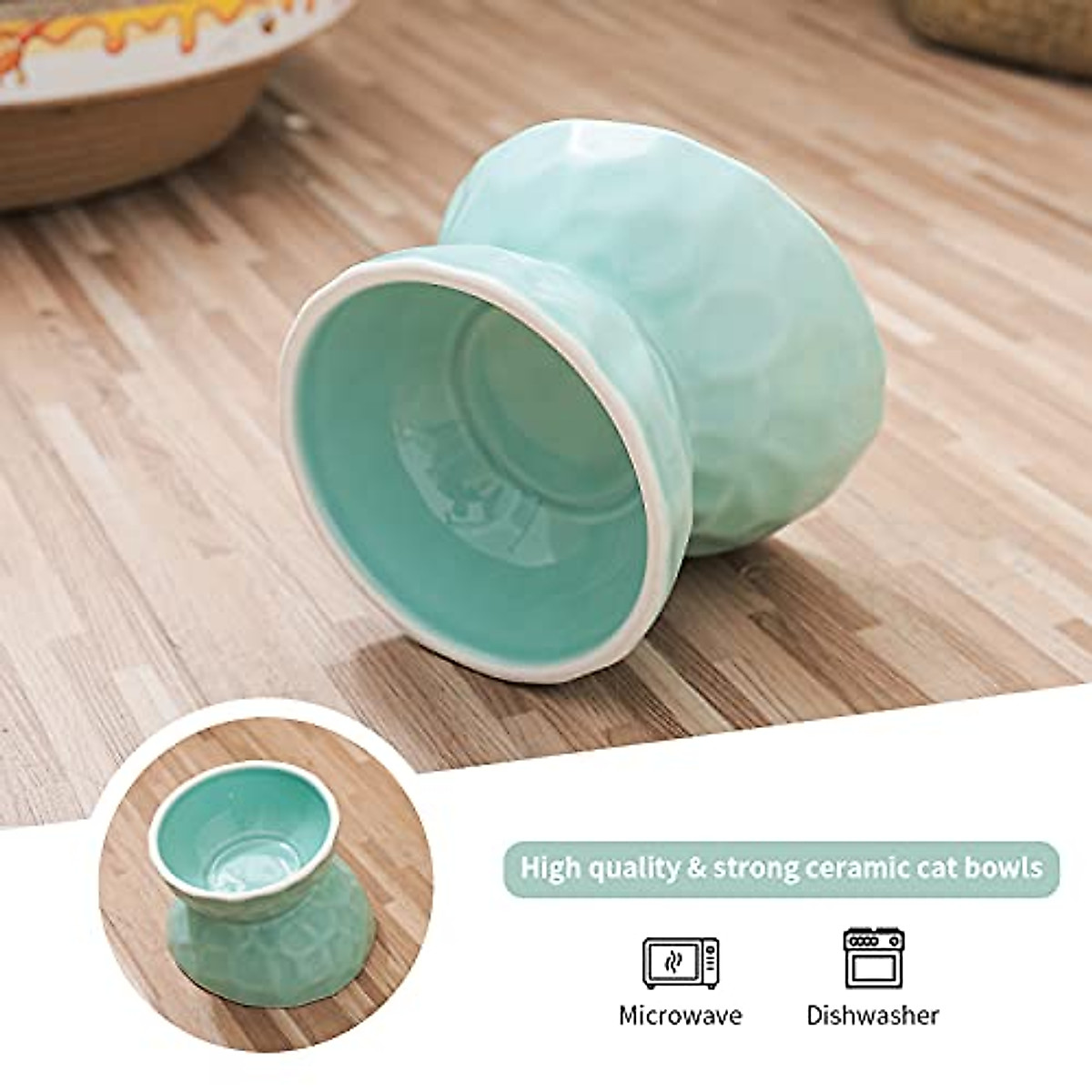 Ceramic Raised Cat Bowls, Tilted Elevated Cat Food and Water Bowls Set, Porcelain Stress Free Pet Feeder Bowl Dish for Cats and Small Dogs, Dishwasher and Microwave Safe, White & Green, Set of 2