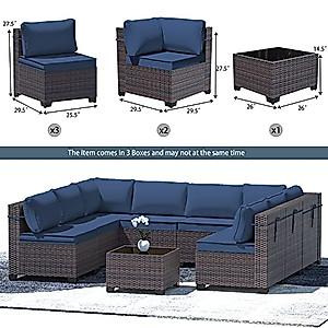 RTDTD Outdoor Patio Furniture Set, 9 Pieces Outdoor Furniture All Weather Patio Sectional Sofa PE Wicker Modular Conversation Sets with Coffee Table,8 Chairs & Seat Clips(Dark Blue)