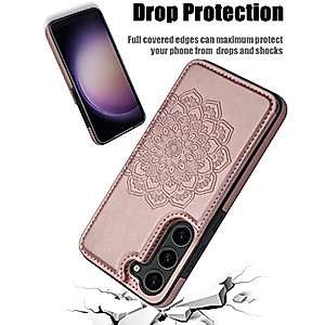 MMHUO for Samsung Galaxy S23 Case with Card Holder,Flower Magnetic Back Flip Case for Samsung Galaxy S23 Wallet Case for Women,Protective Case Phone Case for Samsung Galaxy S23 5G (2023),Rose Gold