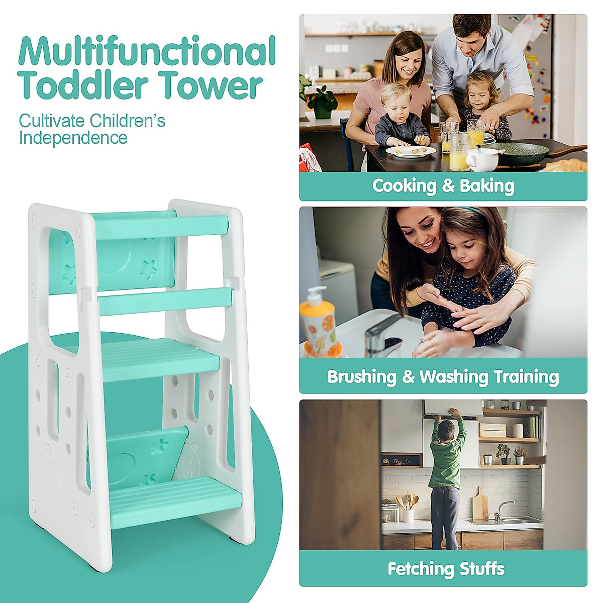 Costzon Kids Kitchen Step Stool with Double Safety Rails, Toddler Learning Stool with 3 Adjustable Heights and Non-Slip Foot Pads, Toddler Tower for Kitchen Countertop and Bathroom (Green)