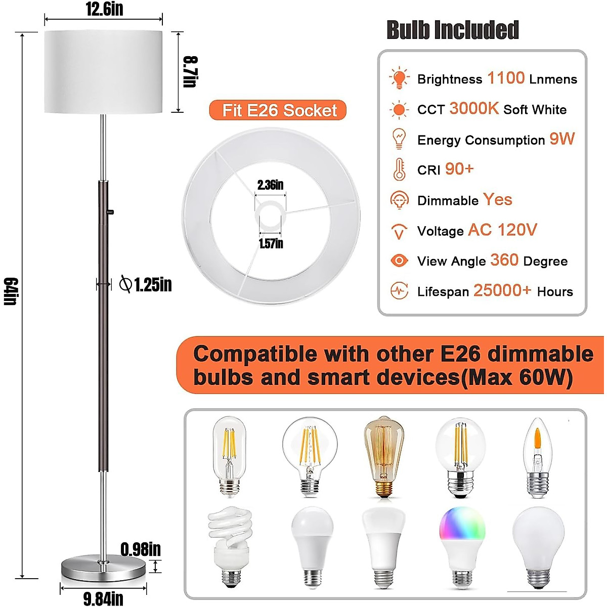 【Upgraded】 Dimmable Floor Lamp for Living Room, 1100 Lumens LED Edison Bulb Included, Simple Standing Lamp with Linen Lamp Shade, Modern Tall Lamp for Living Room Bedroom Office Dining Room Dorm
