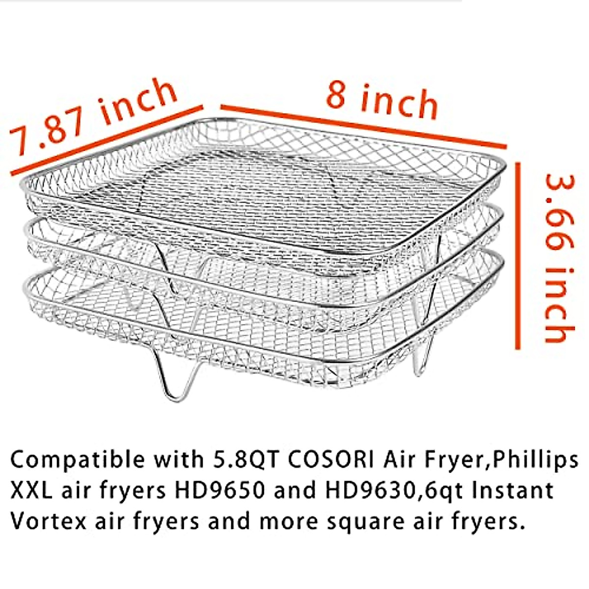 RAMLLY 8 inch Air Fryer Rack for Instant Vortex Fryer,Philips,COSORI Fryer,Square Three Stackable Racks,Stainless Steel Multi-Layer Dehydrator Rack,Air Accessories
