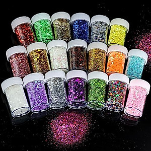 Holographic Chunky and Fine Glitter Mix, 20 Colors Craft Glitter for Resin, Iridescent Nail Glitter, Cosmetic Eye Hair Face Body Glitter, Glitter Flakes Sequins for Epoxy Resin Tumbler DIY Arts Crafts