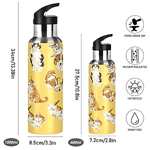FUGIDOG Cute Cat Stainless Steel Sports Water Bottle with Straw Lid, BPA-Free, 32 oz Vacuum Insulation Flask Reusable Leak Proof Thermos for Fitness Travel Gym Cycling