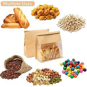 Heavy Duty Large Kraft Paper Bread Bags with Tin Tie Tab Lock 50pcs, Loaf Bag with Clear Front Window, Storage Packaging Treat Bag for Bakery Cafe Homemade Bread 10.6” × 4.3” × 8.7”