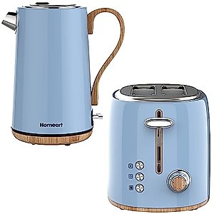 Homeart Panda Cordless Electric Kettle with Wood Detail and 4-Slice Retro Toaster Combo, Powder Blue