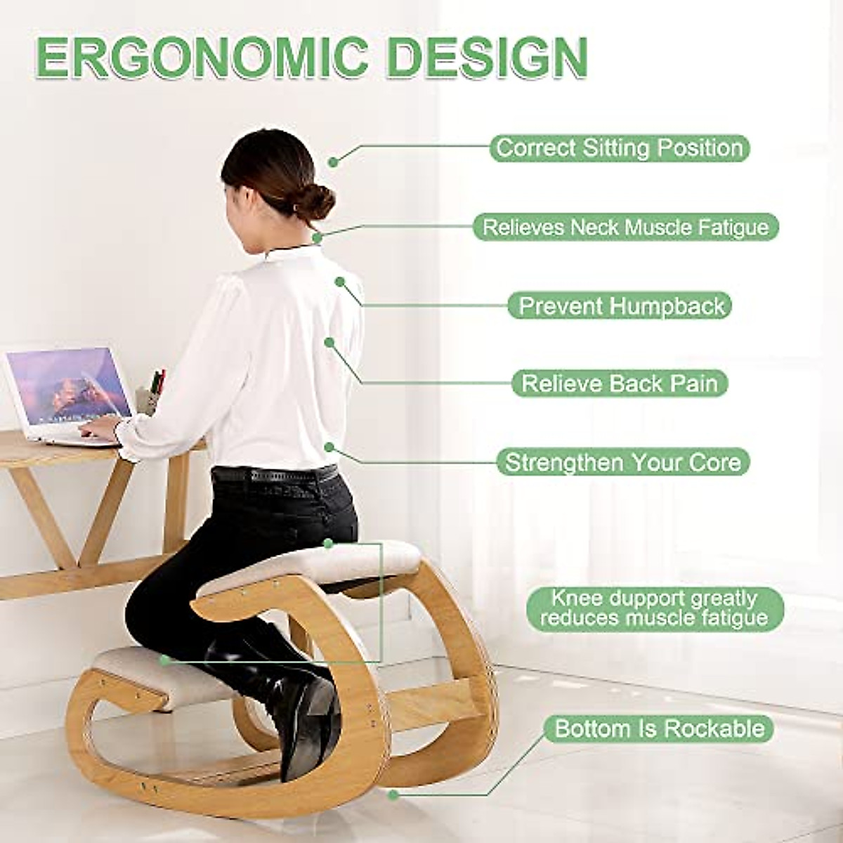 Predawn Ergonomic Kneeling Chair for Upright Posture - Rocking Chair Knee Stool for Home, Office & Meditation - Wood & Linen Cushion - Relieving Back and Neck Pain & Improving Posture (White Oak)