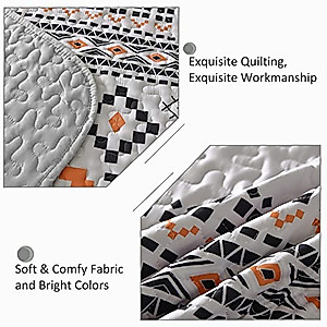 Luxudecor Boho Quilt Set Queen, Aztec Geometric Bedding Bedspreads, Reversible Microfiber Light Grey Quilt Coverlet Sets for All Seasons 96"x90"