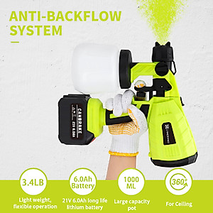 Canbrake CANBRAKE Cordless Paint Sprayer, 21V 6.0Ah Battery Operated HVLP Electric Paint Gun with 5 Copper Spouts & 3 Patterns & 1000ML Container, 800W High Power Airless Paint Sprayer for Home DIY