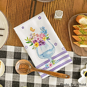 Artoid Mode Purple Stripes Flowers Bloom Spring Kitchen Towels Dish Towels, 18x26 Inch Seasonal Summer Holiday Decoration Hand Towels Set of 2