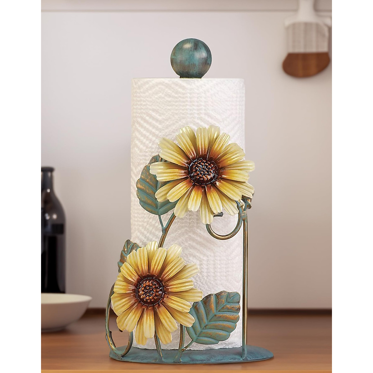 Sunflower-Themed Paper Towel Holder- Indoor Decorative Accent and Practical Accessory for Kitchen & Dining-Beautifully Designed Rustic Farmhouse Stand for Countertops,Complementing Sunflower Dish Sets