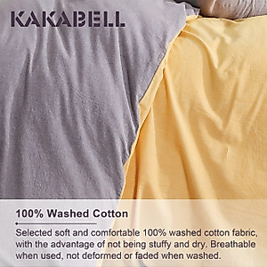 KAKABELL 100% Washed Cotton Linen Duvet Covers Set,Luxury Soft and Breathable Portable Openings 3 Piece Bedding Set,1200 Thread Count,with 8 Corner Ties 90x90 Inches(Light Yellow Grey,Full/Queen)