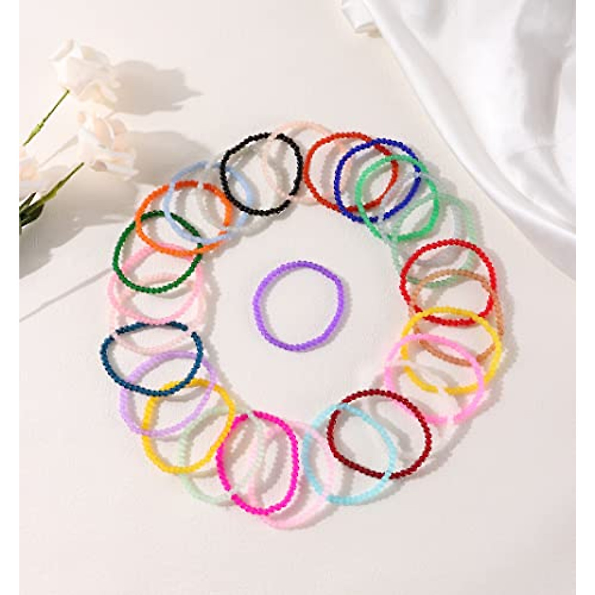 WAINIS 27PCS 4mm Glass Beaded Bracelets for Women Elastic Stretch Round Bead Healing Tiny Bracelet Multicolor Handmade Stackable Beads Bracelet